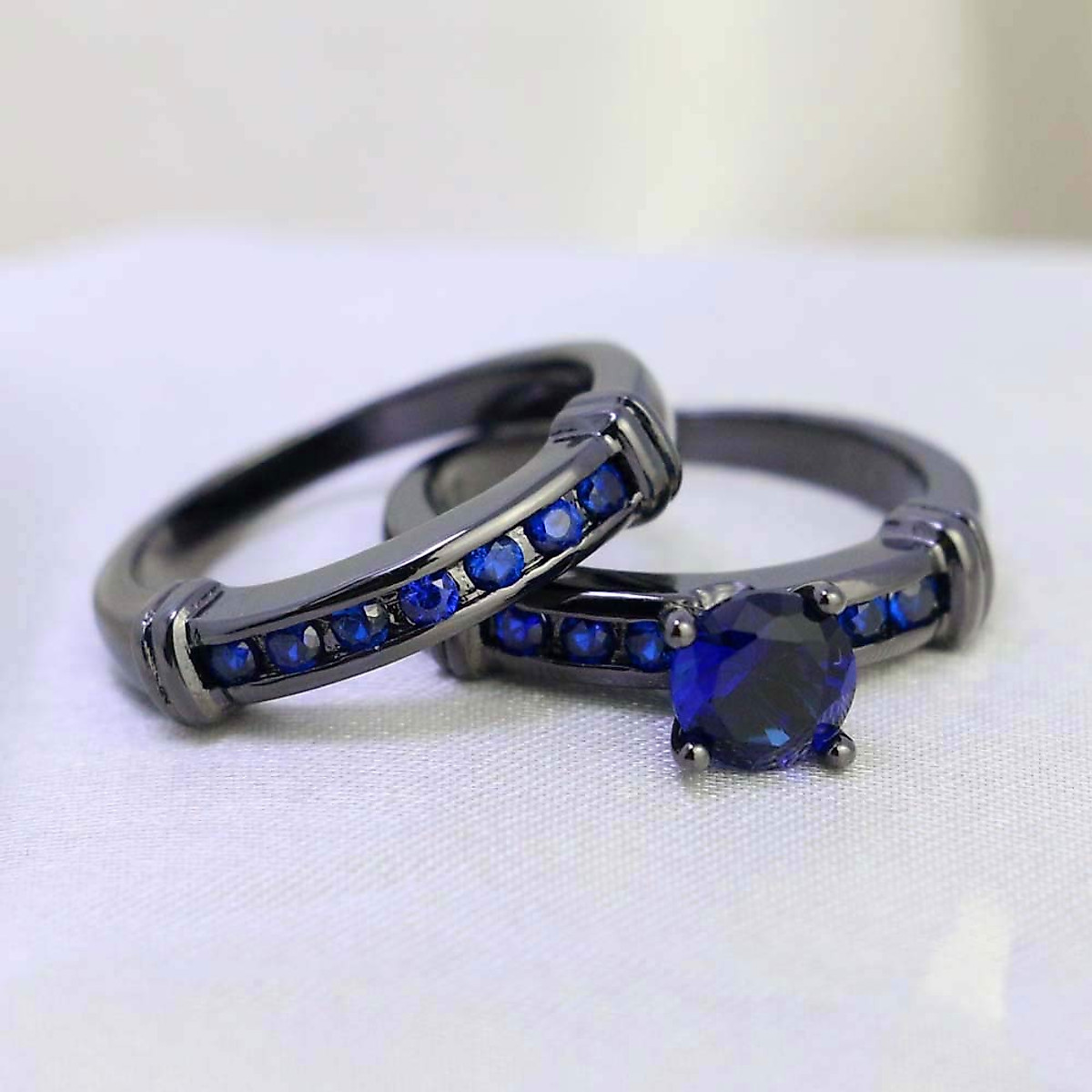 LOVERSRING Couple Ring Bridal Set His Hers Women Black Gold Filled Blue Agate Men Stainless Steel Wedding Ring Band