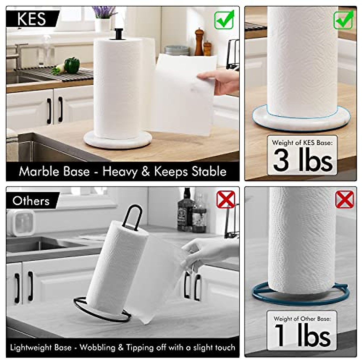 Kitchen Paper Towel Holder Standing with Marble Base for Standard or Jumbo-Sized Rolls, Matte Black KPH100-BK