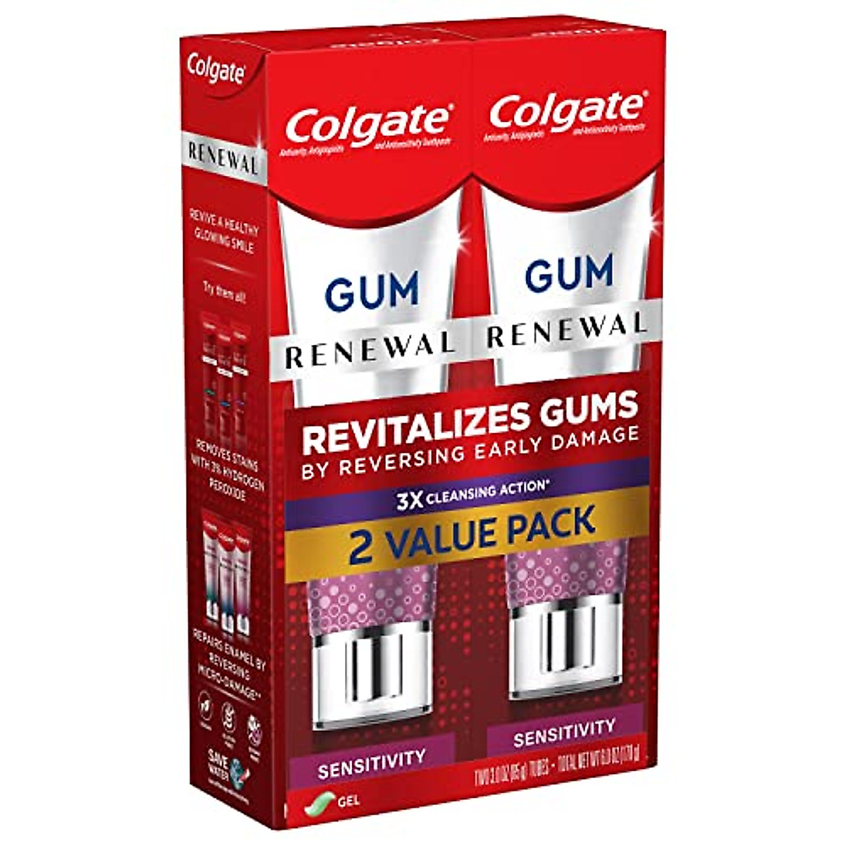 Colgate Renewal Gum Toothpaste Gel, Sensitive Toothpaste for Gingivitis and Improved Gum Health, Mint Gel, Sugar Free, Enamel Safe, Gluten Free, Vegan, 2 Pack, 3 Oz Tubes