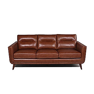 BOWERY HILL Mid Century Top Grain Leather Sofa, 3 Seater Modern Tufted Couch with Wood Legs for Living Room, Camel Brown