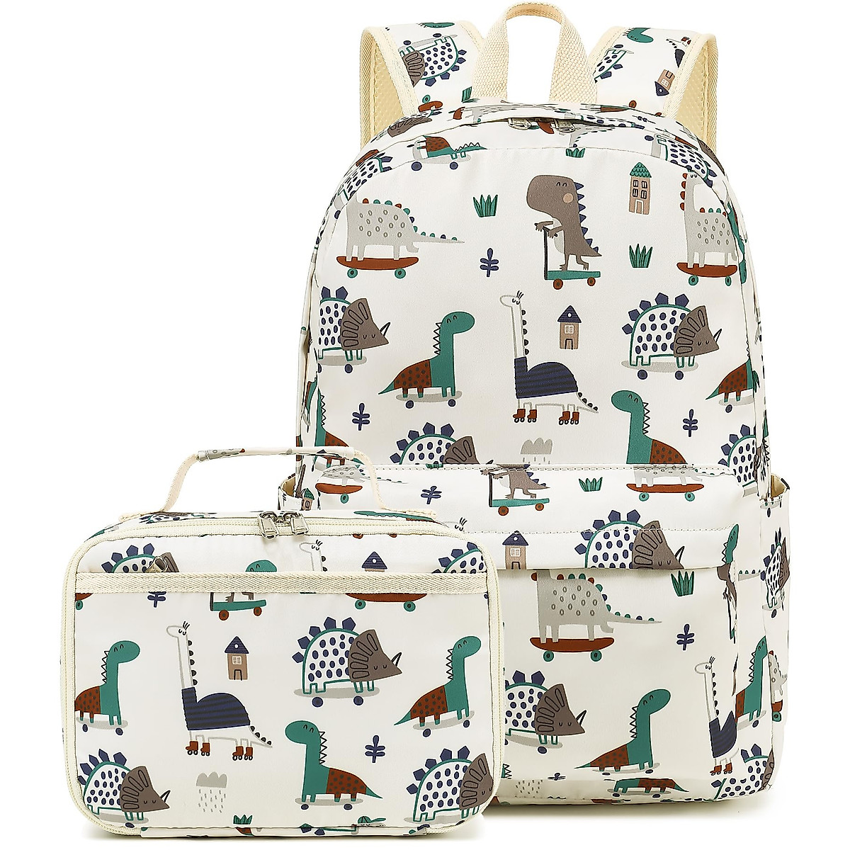 LEDAOU Kids School Backpack with Lunch Box for Boy Kindergarten BookBag School Bag Preschool Kindergarten Toddler Backpack (Dinosaur Beige)