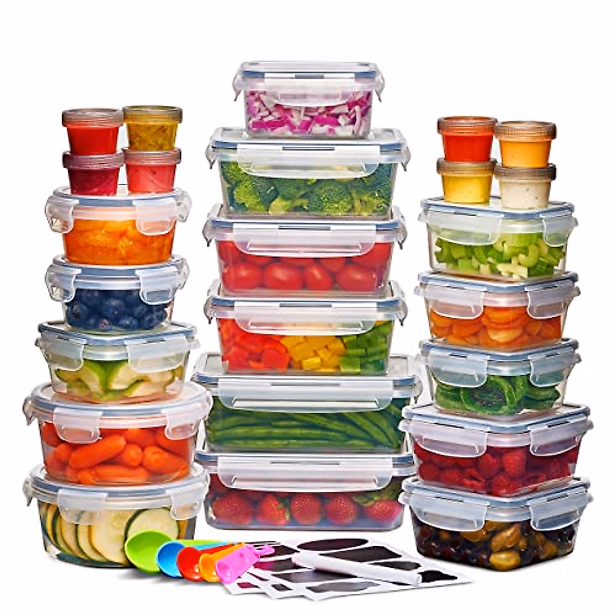 24 Pcs Airtight Food Storage Container Set - BPA Free Clear Plastic Kitchen and Pantry Organization Meal Prep Lunch Container with Durable Leak Proof Lids - Labels, Marker & Spoon Set