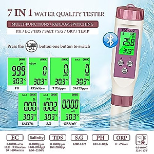PH Meter Smart Bluetooth Water Tester,7-in-1 Tds Meter/Salinity Tester/pH Meter/EC Meter/Orp Meter/S.G Meter/Temp ph Tester,PH Meter for Water 0.01pH Resolution High Accuracy tds Meter with ATC.