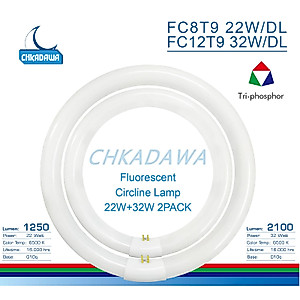 FC8T9 22W and FC12T9 32W Daylight Set , Round Fluorescent Bulb 8 inch T9 22 Watts & Circular Light Bulbs 12 inch 32 Watts kit, Circline Kitchen and Bath Fluorescent Lamp, CRI 80, DL 6500K, G10q Prong