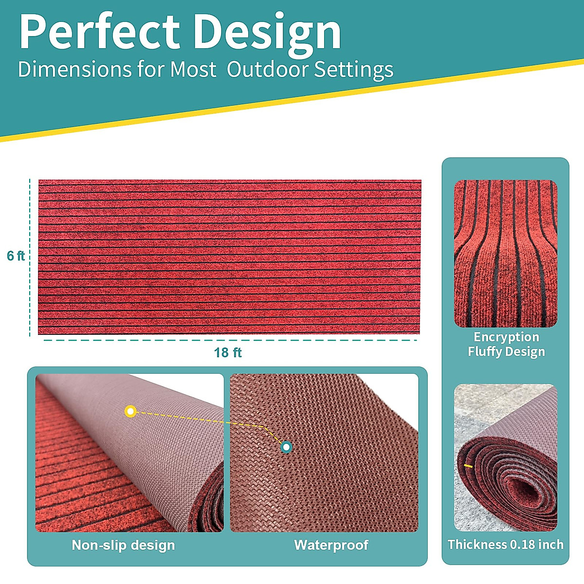 JILIEASE Boat Carpet Marine Grade with Stripe Red,Waterproof TPR Back for Outdoor Patio Porch Deck Garage Indoor Outdoor Area Rug Runner Non-Slide Rug (Red-Black with TPR Back, 6 × 18 ft(108 sq.ft))