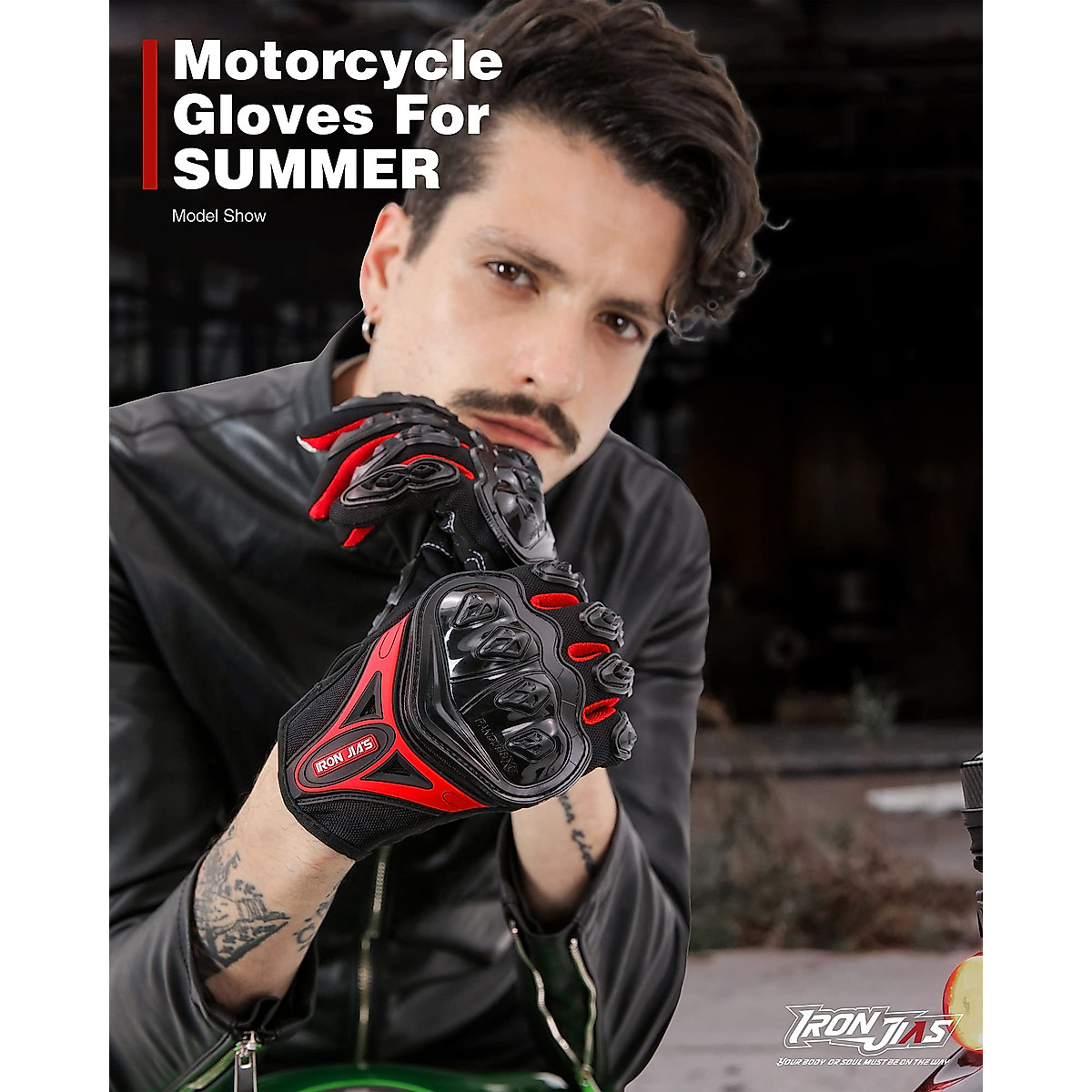 IRON JIA'S Motorcycle Gloves Full Finger Durable for Road Racing Bike Summer Spring Powersports Support Touch Screen red-L