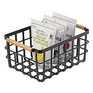mDesign Metal Wire Food Organizer Storage Bin Basket with Bamboo Handles for Kitchen Cabinets/Pantry Organizing - Farmhouse Decor - Yami Collection - 4 Pack - Matte Black/Natural