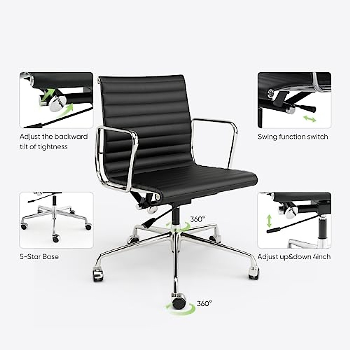 Furgle Ribbed Office Chair, Black Genuine Leather Desk Chair, Mid Back, Adjustable Ergonomic Computer Desk Chair with Aluminium Alloy Frame and Silent Nylon Wheels Load Capacity Up to 360 lbs