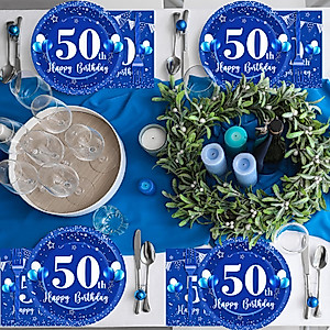100 Pieces 50th Birthday Party Plates Napkins Blue and Silver Birthday Tableware Blue and Silver 50th Happy Birthday Dinnerware Dinner Dessert Plates Napkins for Blue Birthday Party Supplies Serve 25