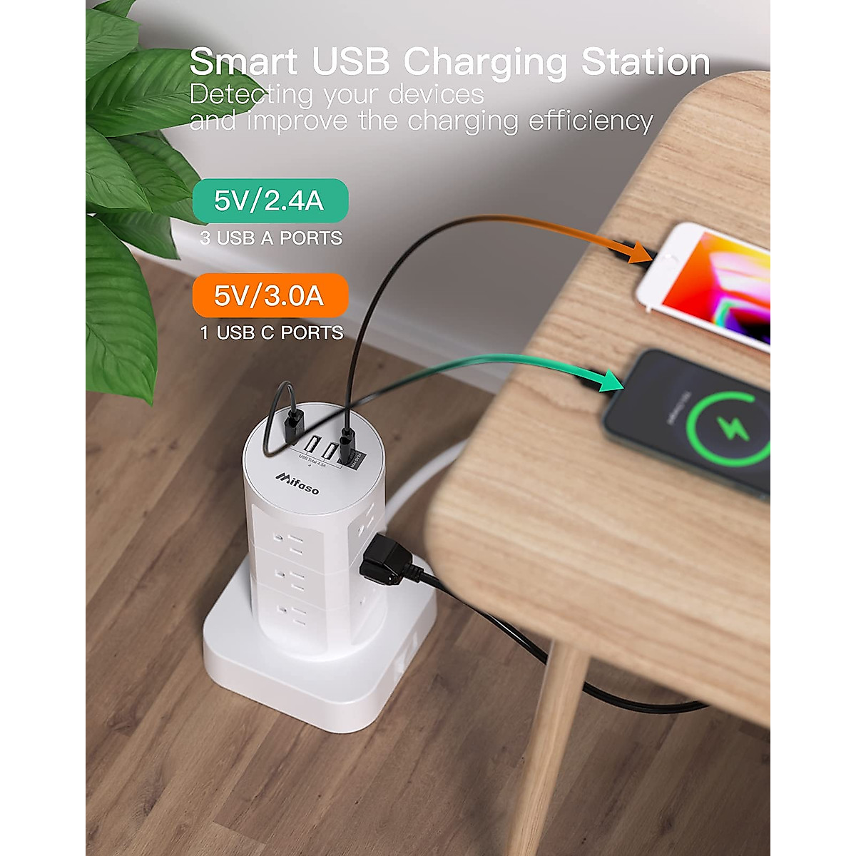 Surge Protector Power Strip Tower - 12 Widely Outlets with 4 USB Ports (1 USB C), 6FT Heavy Duty Extension Cord, Flat Multi Plug Outlet Extender Overload Protection for Home Office