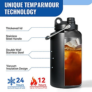 Miereirl 128 Oz Insulated Water Jug, One Gallon Stainless Steel Vacuum Double Walled Water Bottle With Handle, BPA-Free Keep Cold 48H Hot 24H, Wide Mouth For Sports, Gym, Traveling, Camping (Black)