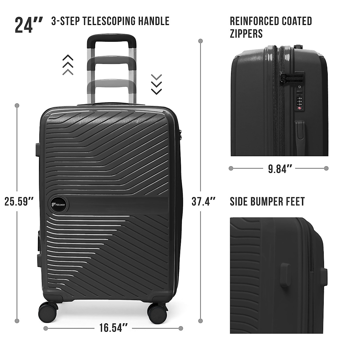 Feelway Hardside Checked 24" Luggage Suitcase Durable, Expandable Design with 360° Double Spinner Wheels, TSA Lock, Telescopic Handle, Secure Zipper (Black, 24")