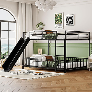 Unique Metal Bunk Bed with Slide and Fence, Bunk Bed with Ladder for Toddler Kids Teens (Black/Metal, Full Over Full)