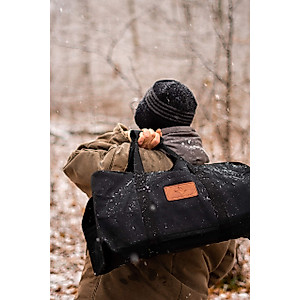 WHITEDUCK TUFF Large Firewood Carrier 21 Oz. Heavy Duty Waxed Canvas Log Carrier Holder for Fireplace, Carrying Wood Indoor & Outdoor (Black, Tote Shape (23"x10"x12"))