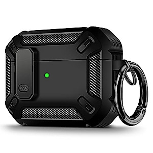 Youskin Airpod Pro Case Secure Lock Clip Case,Carbon Fiber Military Armor Series Full-Body Rugged Hard Shell Airpod Pro Case for Men Women with Keychain,Black
