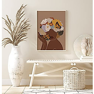 MUELOSY African American Woman Art, Fashion Art, Woman Fashion Portrait, Black Girl wall Art, Black Woman with Butterfly With Flower Wall Art Cavans Décor,12x16in set of 3 (Frameless Canvas)