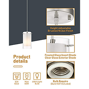 AKEZON Modern Glass Pendant Light 2 Pack, Adjustable Hanging Pendant Lighting Kitchen Lights Island Dining Room Bathroom Bar, Brushed Nickel Finish