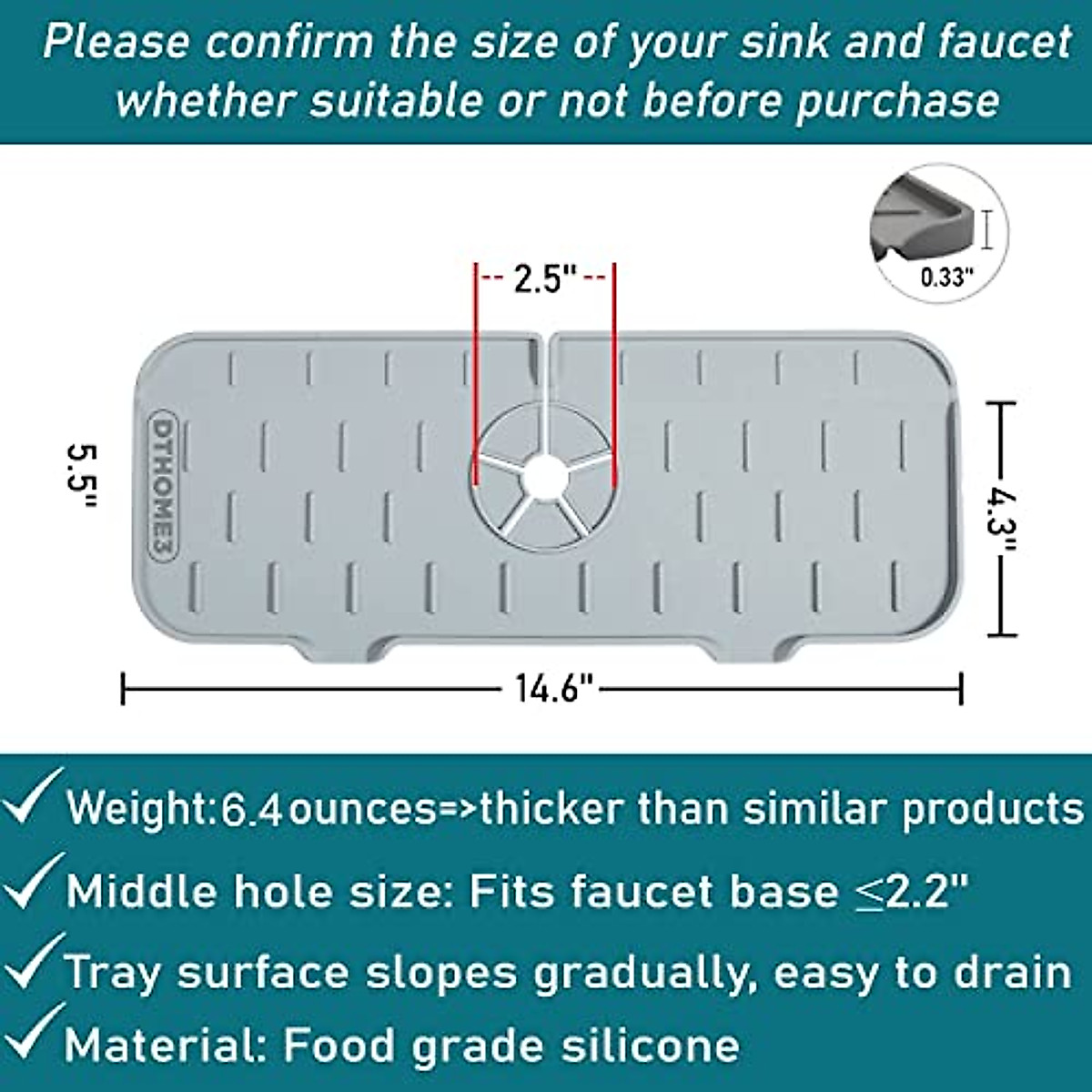 DTHOME3 Silicone Faucet Handle Drip Catcher Tray Stop Water Pooling Up Behind Sink, Kitchen Faucet Sink Splash Guard, Sink Draining Mat Behind Faucet, Drip Protector Splash Drying Countertop(Grey)