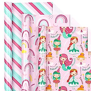 LeZakaa Birthday Wrapping Paper Roll - Mini Roll - Mermaid/Rainbow/Stripe Design for Girls, Kids, Women - 17 x 120 inches, 3 Rolls (42.5 sq.ft.ttl.)