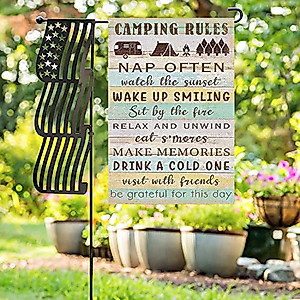 Swooflia Camping Rules Garden Flag Camper Small Yard Flag for Outside Decor Burlap Rustic Garden Banner 12x18 Inch Double Sided