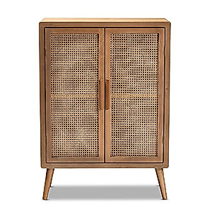 Baxton Studio Mid-Century Brown Oak Finished Wood and Rattan Storage Cabinet