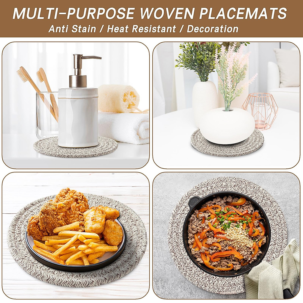 Coga 8" Trivets for Hot Dishes, Hot pots and Pans, 6 Pack Heat Resistant Hot Pads, Pot Holders for Kitchen, Hot Plate Mats for Table and Countertops, Farmhouse Decor Home Kitchen Essentials, Brown