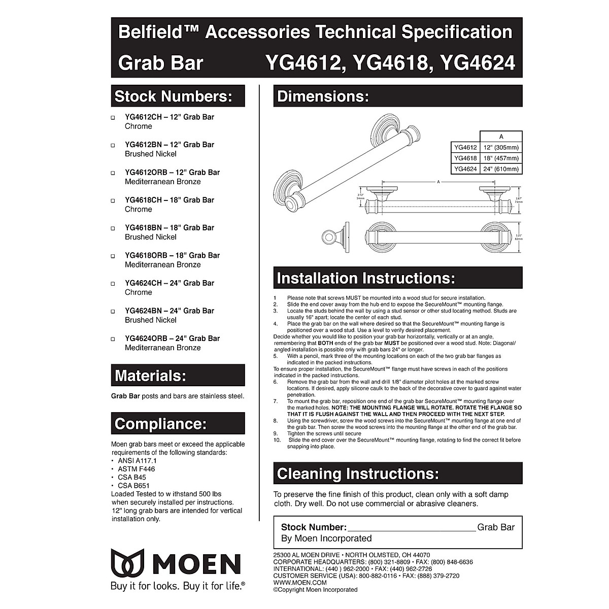 Moen Belfield Matte Black Bathroom Safety 18-Inch Stainless Steel Traditional Bathroom Grab Bar, YG6418BL