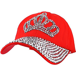 Elonmo Bling Hats, Crown Design Cotton Rhinestone Womens Baseball Cap Golf Hat Jeans Wash Denim Adjustable (Red)