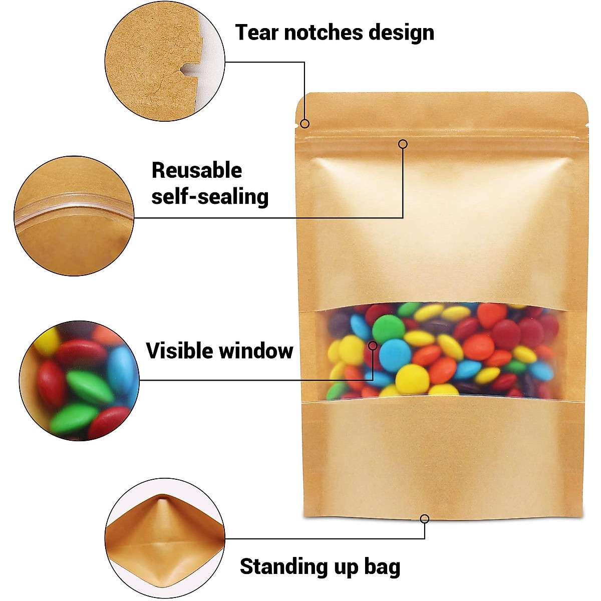 Kraft Bags With Window, 100 pcs 5.5" x 7.8", Stand Up Pouches, Sealable Bags for Packaging, Zip Lock Bags With Stickers and Spoon, For Cookie Bags/Candy Bags/Coffee Bags/Food Storage Bags (Brown)