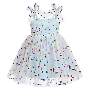 1st Birthday Dress for Baby Girl Toddler Kids First One Year Old Party Princess Dress 2nd 3rd Smash Cake Photo Shooting Spaghetti Straps Bowknot Polka Dots Layered Tulle Tutu Dress Light Blue 12-18M