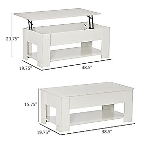 HOMCOM 39" Lift Top Coffee Table with Hidden Storage Compartment and Open Shelf, Pop Up Coffee Table for Living Room, White