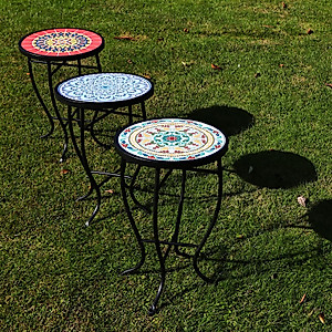 Elevon Outdoor Side Table Mosaic Patio Table, 21” Accent Table Round End Table with 14” Ceramic Table Top, Outdoor Patio Furniture Balcony Table for Garden Backyard Pool Porch Bistro, Plant Stand