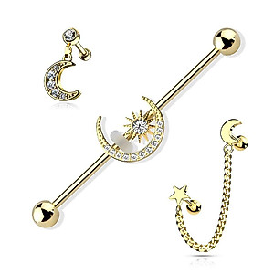 Covet Jewelry 3 Pcs Star and Moon Chain Linked Barbell Studs, Industrial Barbell, CZ Paved Moon Barbell Stud 316L Surgical Steel Ear Cartilage Mix Value Pack (Gold)