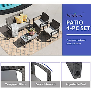 Patiorama 4 Pieces Outdoor Patio Furniture, Wicker Conversation, Rattan Chair, Modern Bistro Set with Coffee Table, Garden Balcony Backyard Poolside (Light Grey)