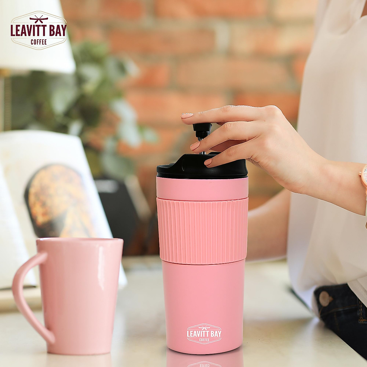 Portable French Press Travel Mug (15oz) - Stainless Steel & Double Wall Vacuum Pink Coffee Maker – Single Serve French Press for Travel, Home, Office, or Camping - No Leak Coffee or Tea Press Tumbler