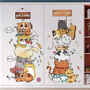 RAINBOW WSK Animal Cat Wall Decal Welcome Peel and Stick Wall Decor Funny Cat Wall Decor for Kids Girls Bedroom Nursery Cute Cat Wall Art for Classroom Door Removable Vinyl Wall Stickers