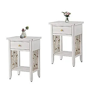 HOMPUS End Table with Draw & Shelf Sets of 2, 2 Pieces Bedside Table Sets, 2 Tier Wooden Small Side Table with Drawer, Accent Table Nightstand with Real Hemp Rope for Living Room, Bedroom
