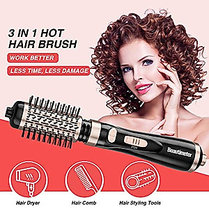 Beautimeter Hair Dryer Brush, 3-in-1 Round Hot Air Spin Brush Kit for Styling and Frizz Control, Negative Ionic Blow Hair Dryer Brush Volumizer, 2 Detachable Auto-Rotating Curling Brush, Black & Gold