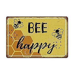 Eudora Mill Bee Happy 8x12 Metal Tin sign Vintage Bee Sunflower Happy Home Coffee Wall Decor Outdoor Farm Garden Rural Courtyard Wall Art Decor, Deco Mesh Wreath Supplies,Gift Gardeners, Teachers