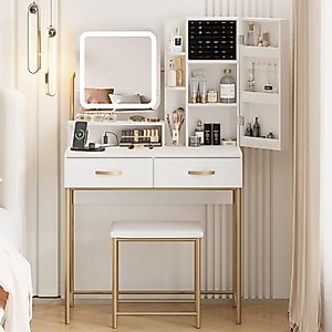 Fameill Vanity Desk with Mirror and Lights, White Makeup Table and Chair Set with 2 Storage Drawers&Cabinet&Shelves, Small Vanity Desk for Bedroom, 3 Lighting Mode