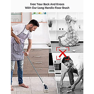 MEXERRIS Floor Scrub Brush with Long Handle - Stiff Carpet Deck Brush 2 in 1 Floor Scrubber Cleaning Grout Brush for Tile, Bathroom, Shower, Sink, Bathtub, and Kitchen Surface - Gray
