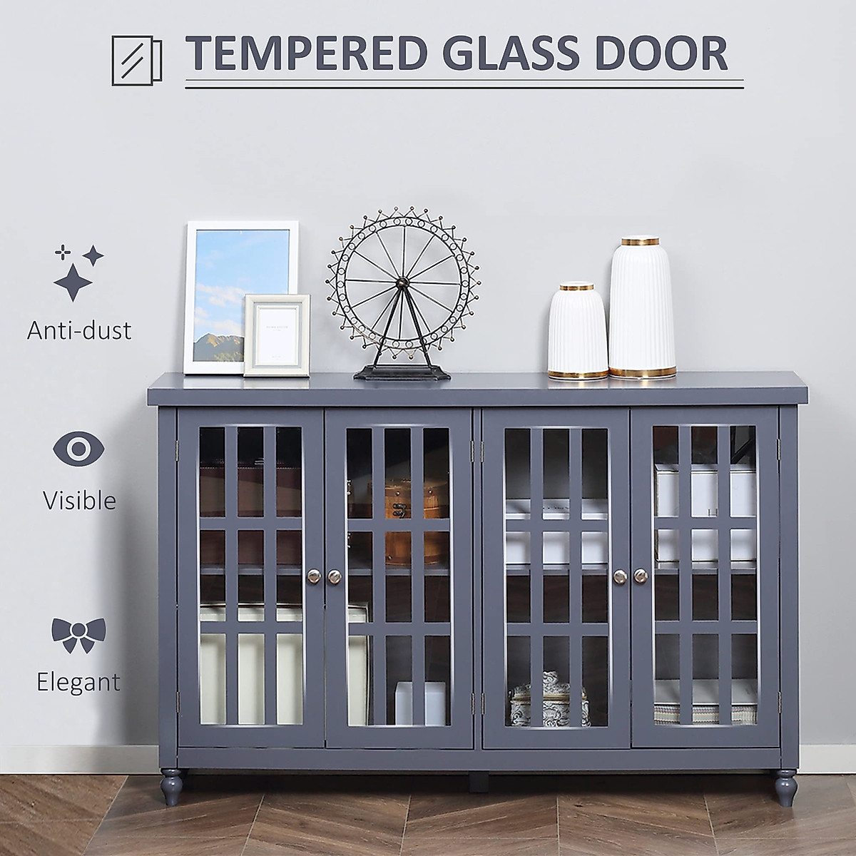 HOMCOM Sideboard, Buffet Cabinet with 4 Tempered Glass Doors, Stripe Pattern and Adjustable Storage Shelf, Credenza, Gray