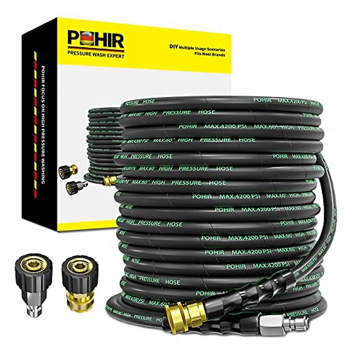 POHIR Pressure Washer Hose 70FT, Garden Water Hose Adapter 14 Pack Full Set, 3/8 Power Washer Quick Disconnect Kit with M22 Swivel to 3/8'' Quick Connect Fittings, 3/4" to Quick Release