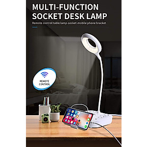 Nsiucion LED Desk Lamp, Adjustable Table Lamp Light with Remote Control, Eye-Caring Dimmable Office Lamp with 2 USB Charging Ports, 4 AC Power Outlets, Phone Stand, Multi Brightness Levels-White