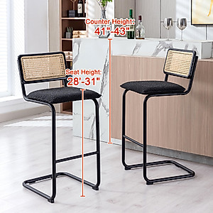 ONEVOG Boucle Rattan Bar Stools Set of 2, 29'' Bar Height Stools with Natural Cane Back, Solid Wood Frame Bar Chairs with Chrome Legs, Cantilevered Design Upholstered Stools, Black
