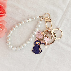 Cute Moon Cat Keychain Key Charm Aesthetic Gift for Women Girls Anime Fans (Purple Kitty)