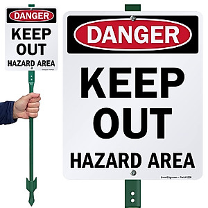 SmartSign 12 x 10 inch “Danger - Keep Out, Hazard Area” LawnBoss Yard Sign with 3 foot Stake, 40 mil Laminated Rustproof Aluminum, Red, Black and White, Set of 1, Made in USA