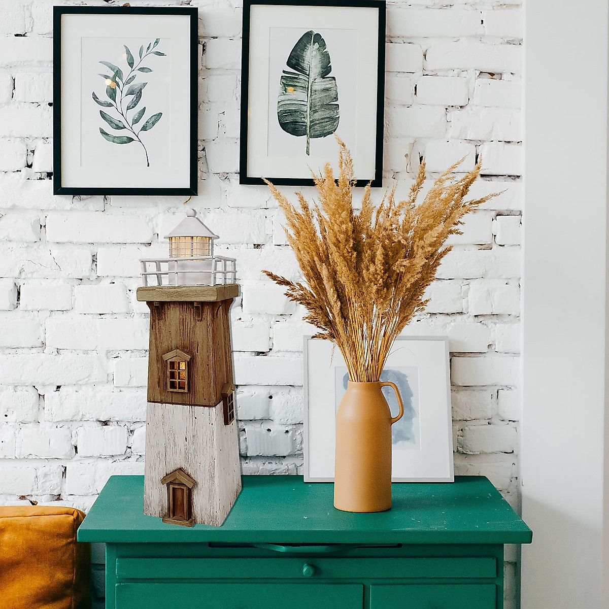 Waroom Home Rustic Wood Lighthouse Decor with Light Tabletop Nautical Decor, Wooden Decoration Beach Themed Coastal for Mediterranean 13.78H inch