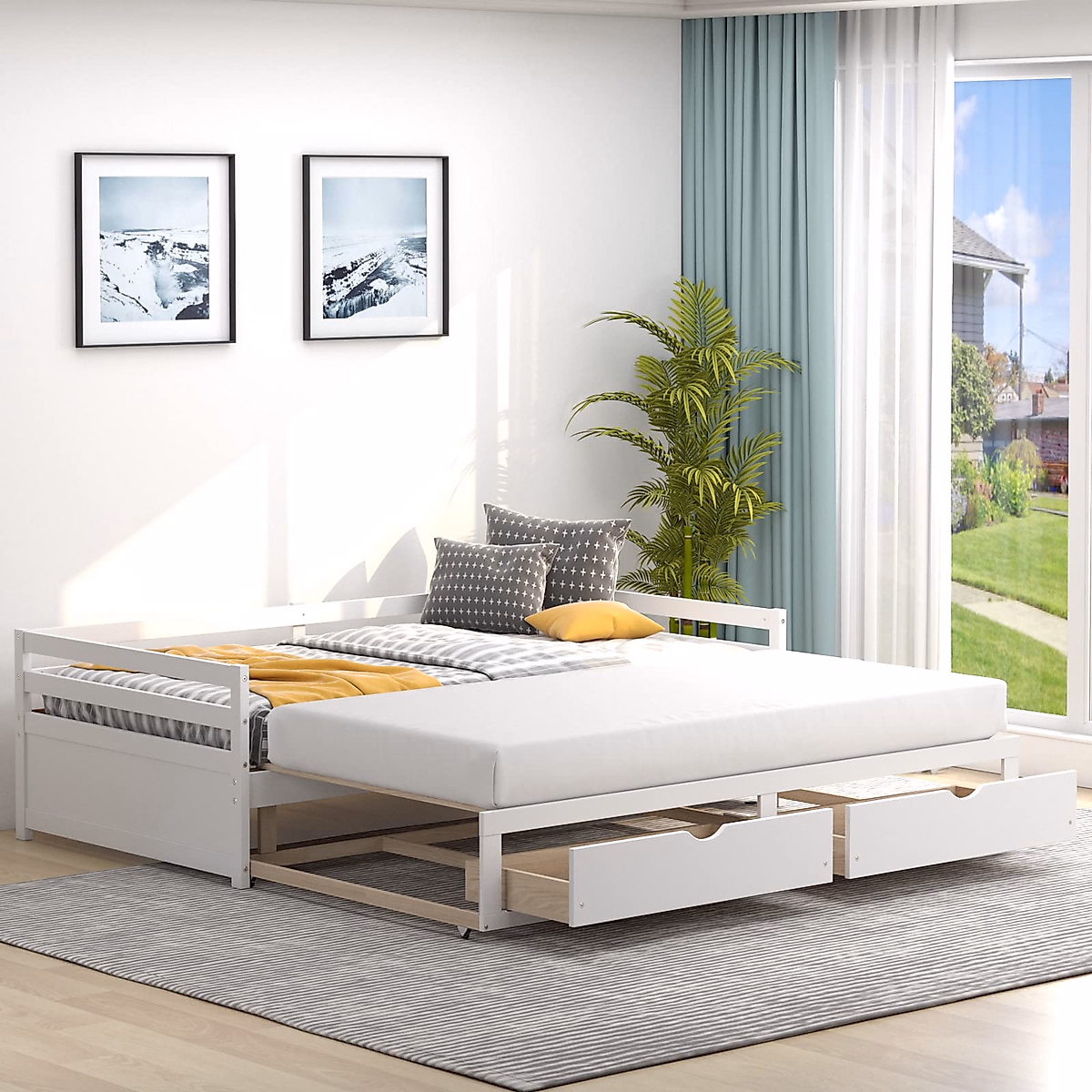 Giantex Wood Daybed with Trundle, Twin to King Extendable Daybed with 2 Storage Drawers, Dual-use Modern Day Bed for Teens, Adults, Bedroom, Guest Room, No Box Spring Required, White