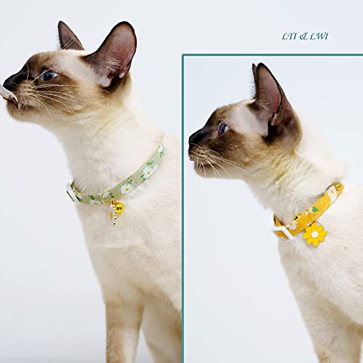 2 Pack Cotton Breakaway Cat Collars with Bell Flower Pendant Kitty Kitten Collars Yellow Green Collar for Female Girl Cats Male Boy Cats
